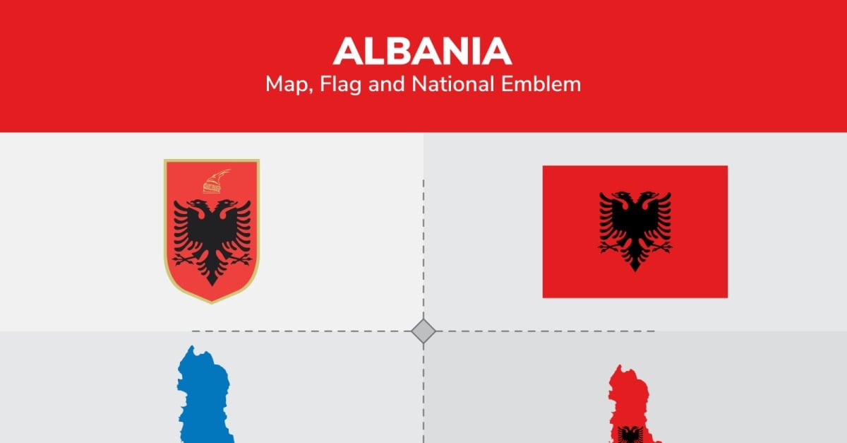 Albania Map, Flag and National Emblem - Illustration