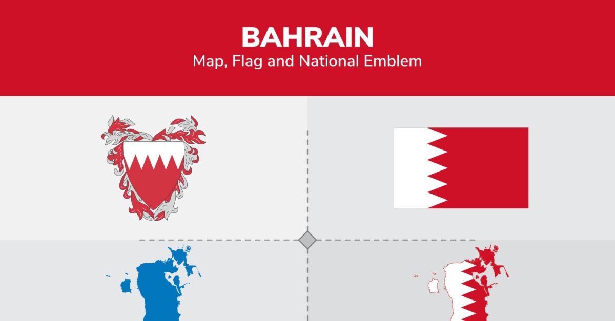 Bahrain Map, Flag and National Emblem - Illustration