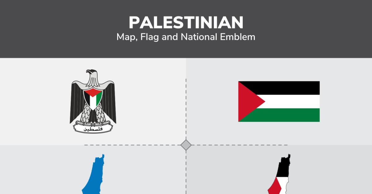 Palestinian Map, Flag and National Emblem - Illustration