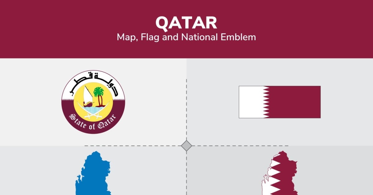 Qatar Map, Flag and National Emblem - Illustration
