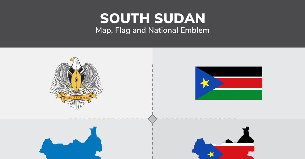 South Sudan Map, Flag and National Emblem - Illustration