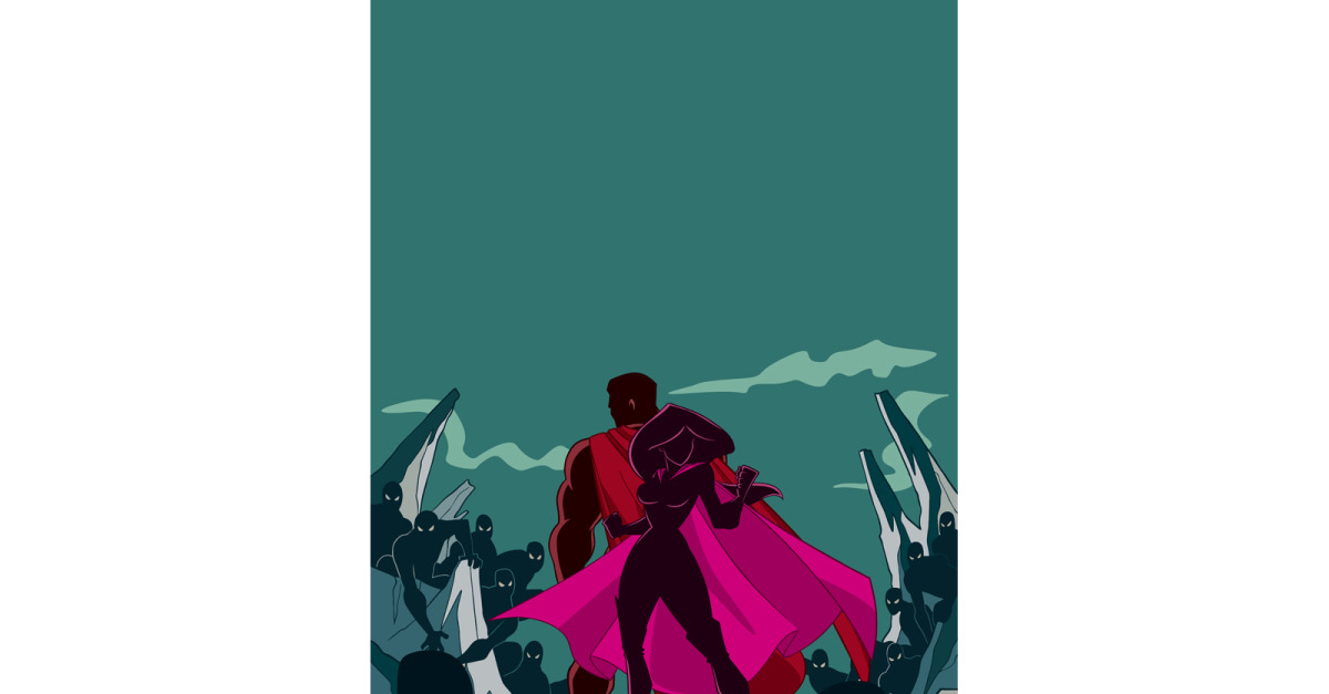 Superhero Couple Back to Back Silhouette - Illustration