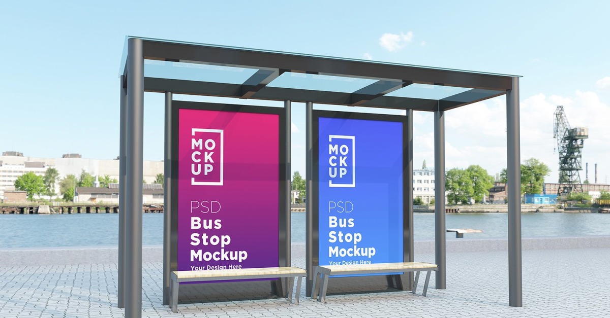 Bus Stop with 2 Signage advertisement product mockup