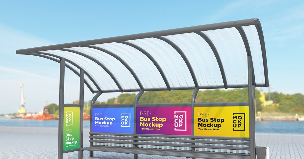 Bus Stop with 4 Sign advertisement product mockup