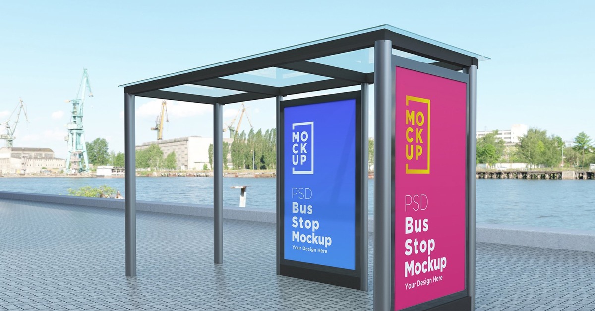 Bus Stop with two Sign advertising product mockup