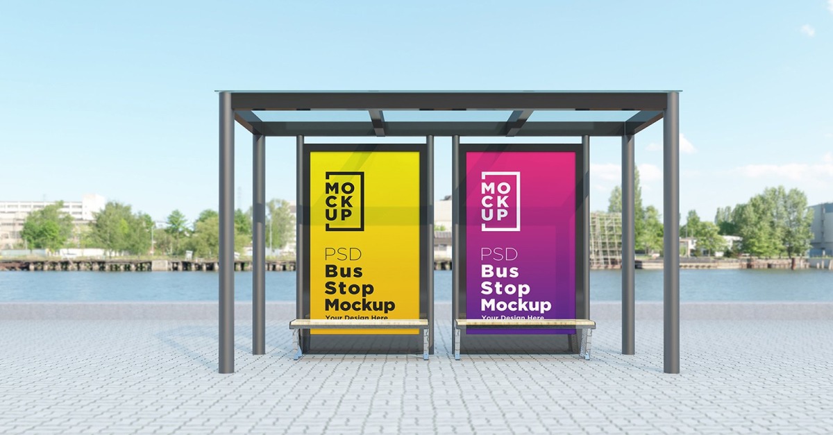 Bus Stop with two Signage advertisement product mockup