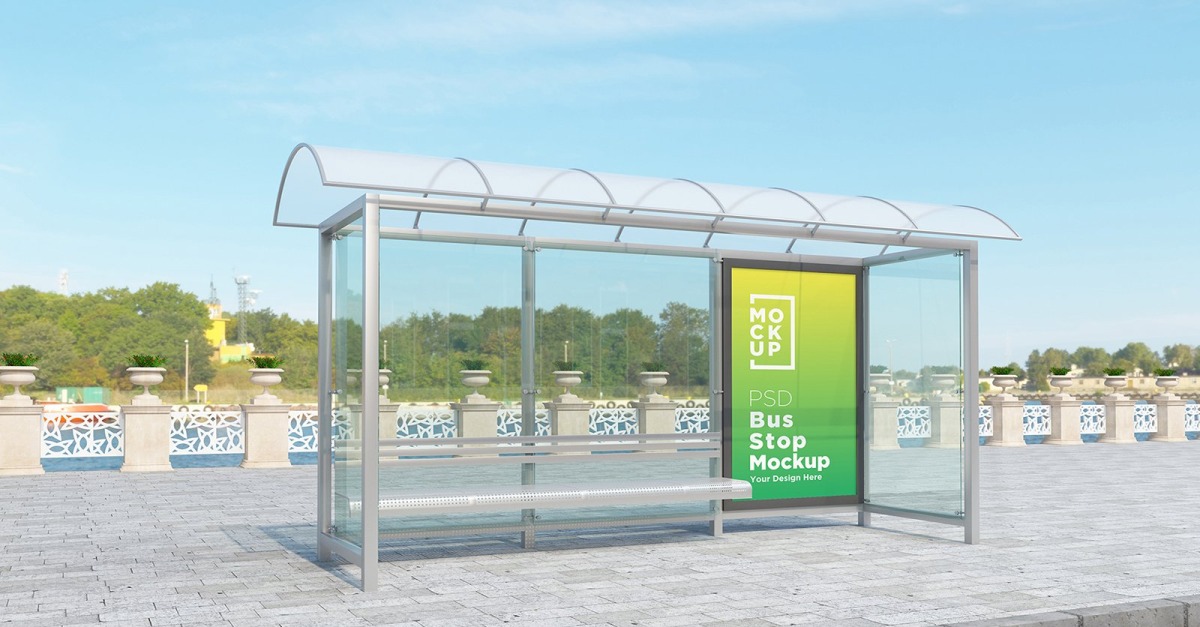 City Bus Stop Shelter Sign advertising product mockup