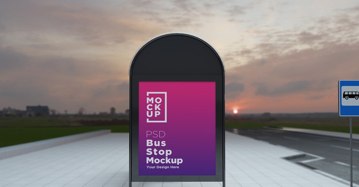Evening View Bus Stop sign advertising signage product mockup