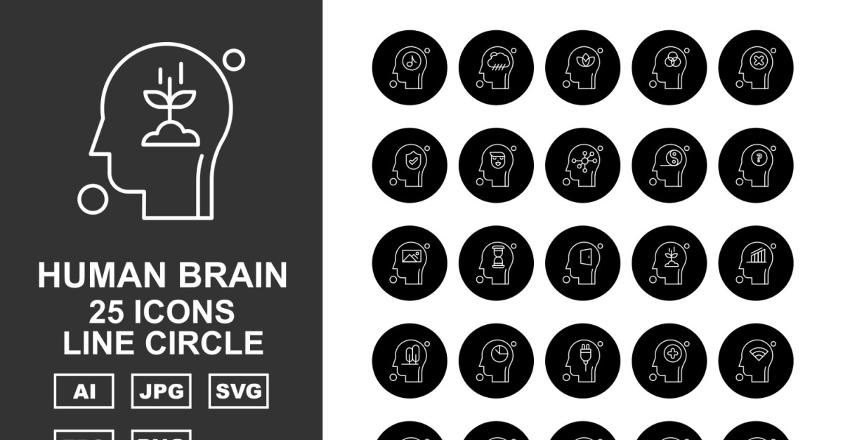 25 Premium Human Brain Line Circle Icon Set - TemplateMonster
