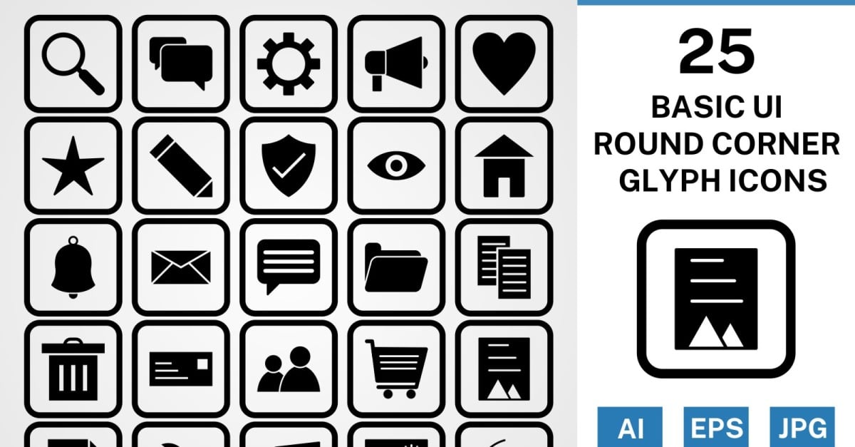 25 Basic ui Round Corner Glyph Black Icon Set