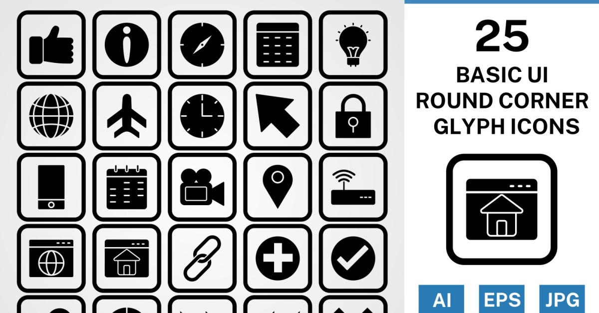 25 Basic ui Round Corner Glyph Black Icon Set