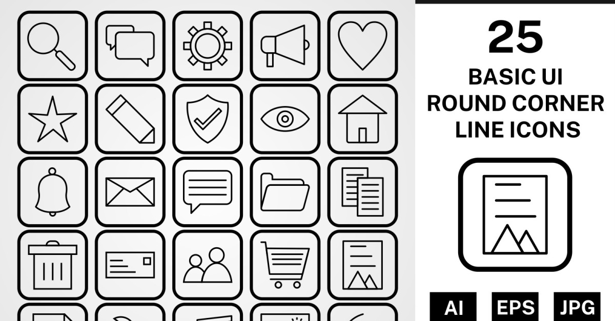 25 Basic ui Round Corner Line Black Icon Set