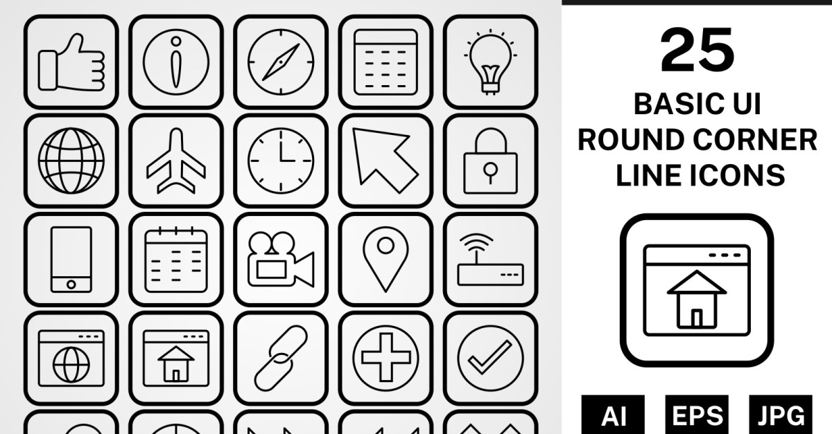 25 Basic ui Round Corner Line Black Icon Set