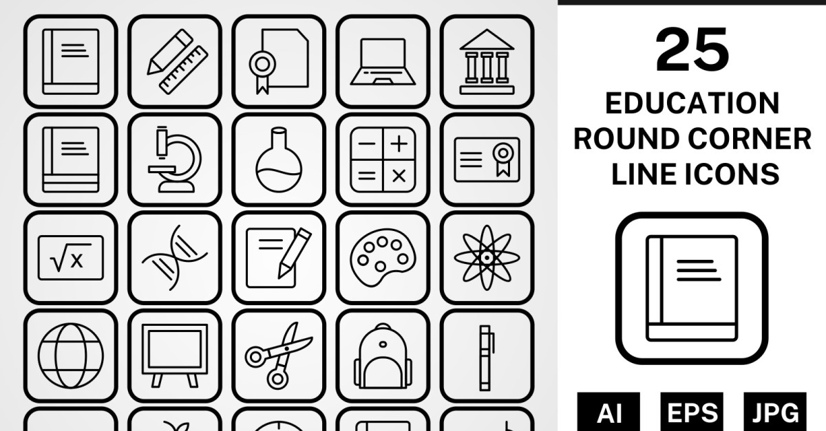 25 Education Round Corner Line Black Icon Set
