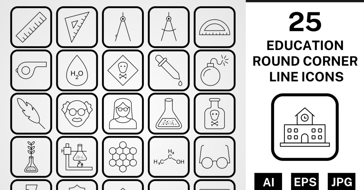 25 Education Round Corner Line Black Icon Set