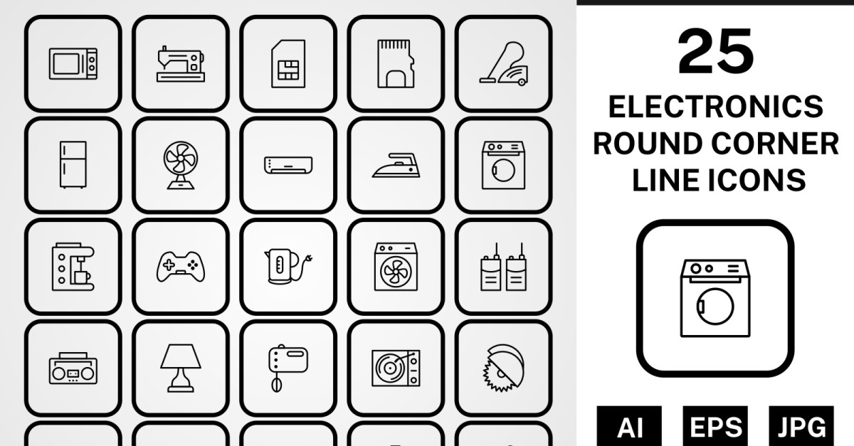 25 Electronic Devices Round Corner Line Black Icon Set