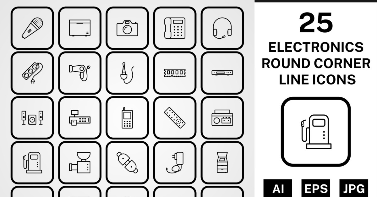 25 Electronic Devices Round Corner Line Black Icon Set