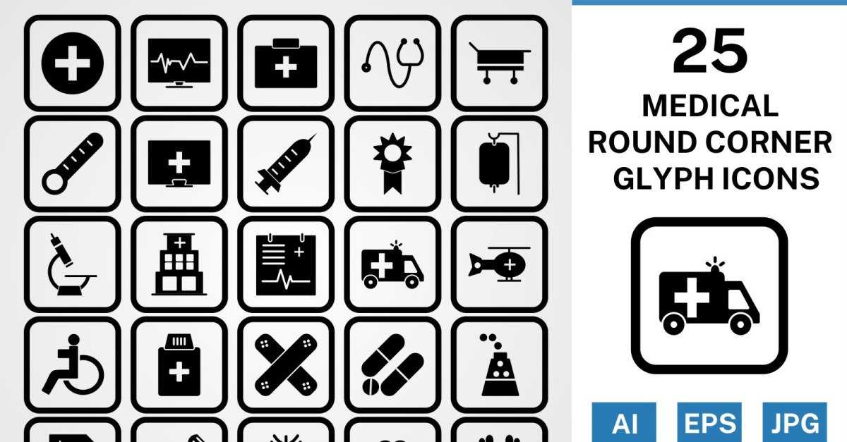25 Medical Round Corner Glyph Black Icon Set