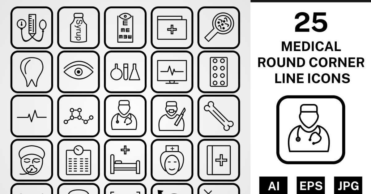 25 Medical Round Corner Line Black Icon Set - TemplateMonster