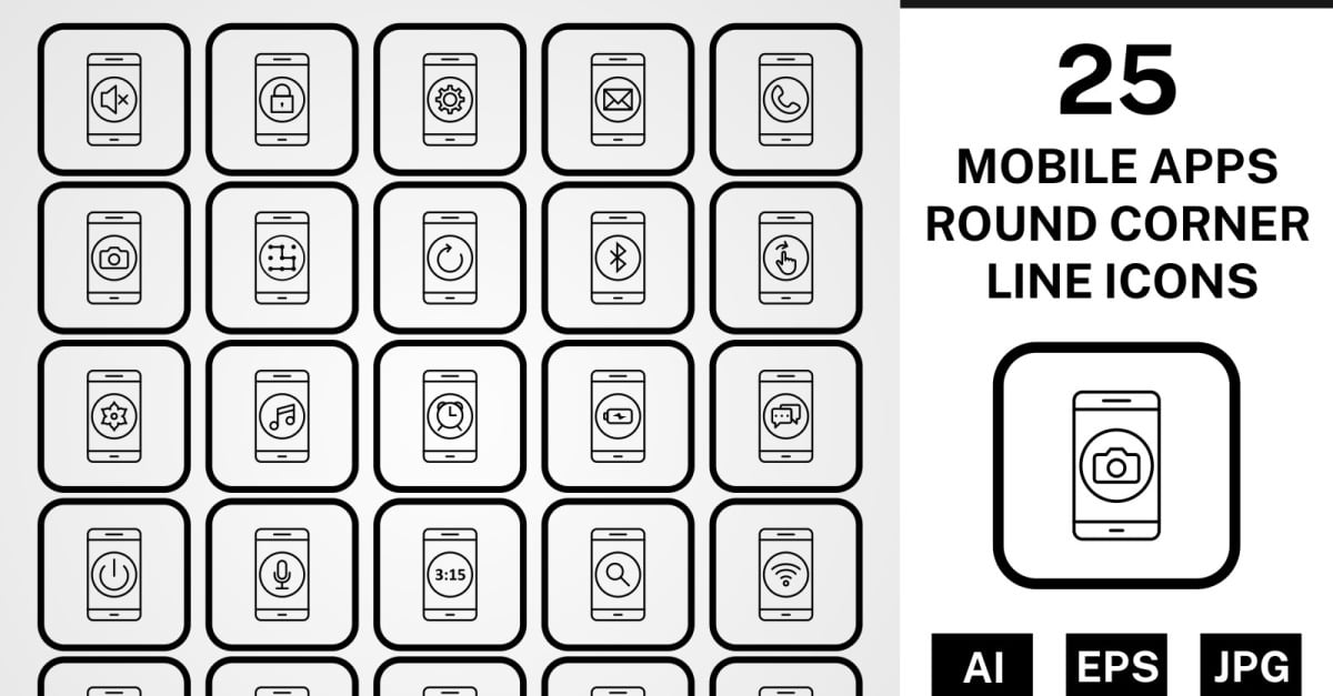25 Mobile Apps Round Corner Line Black Icon Set