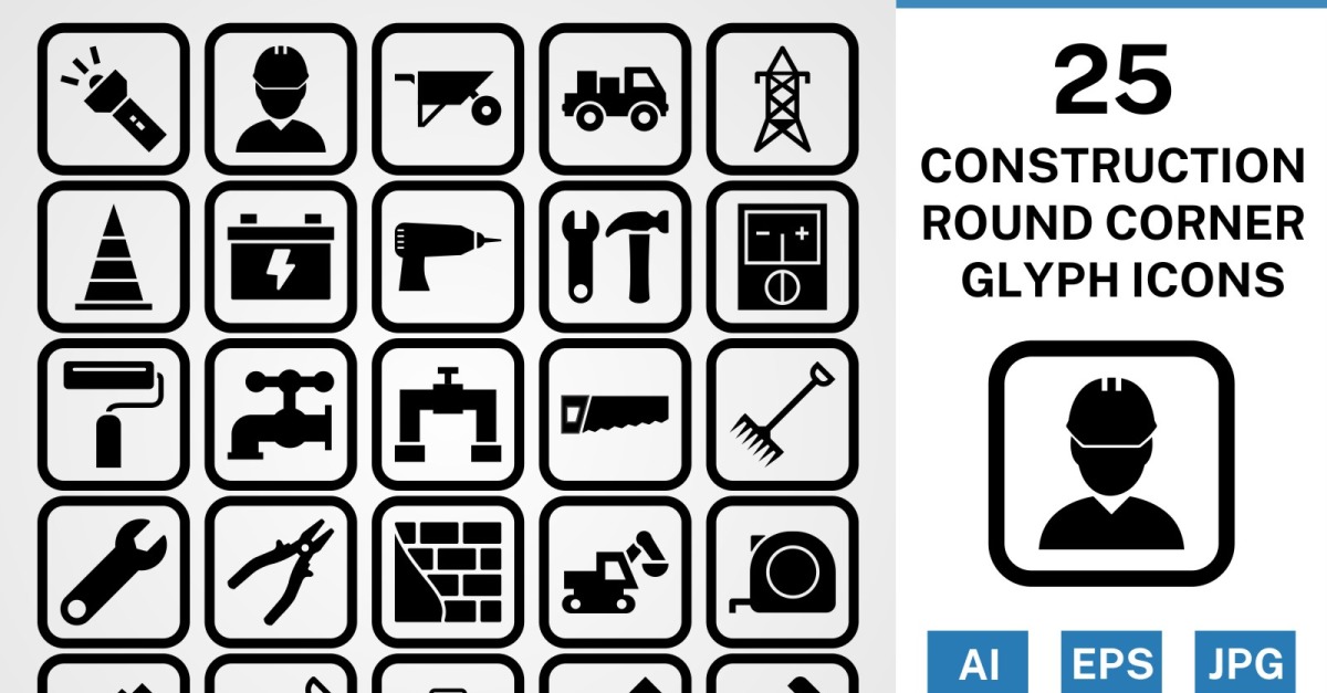 25 Construction Round Corner Glyph Black Icon Set