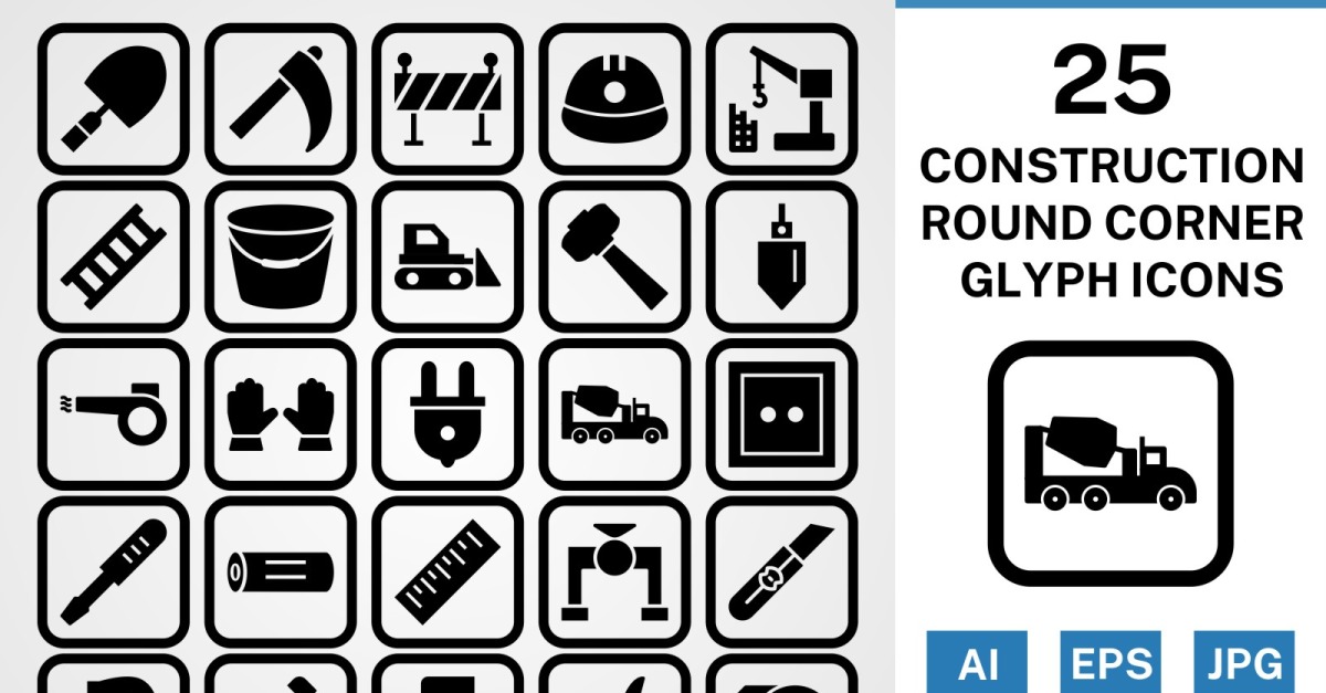 25 Construction Round Corner Glyph Black Icon Set