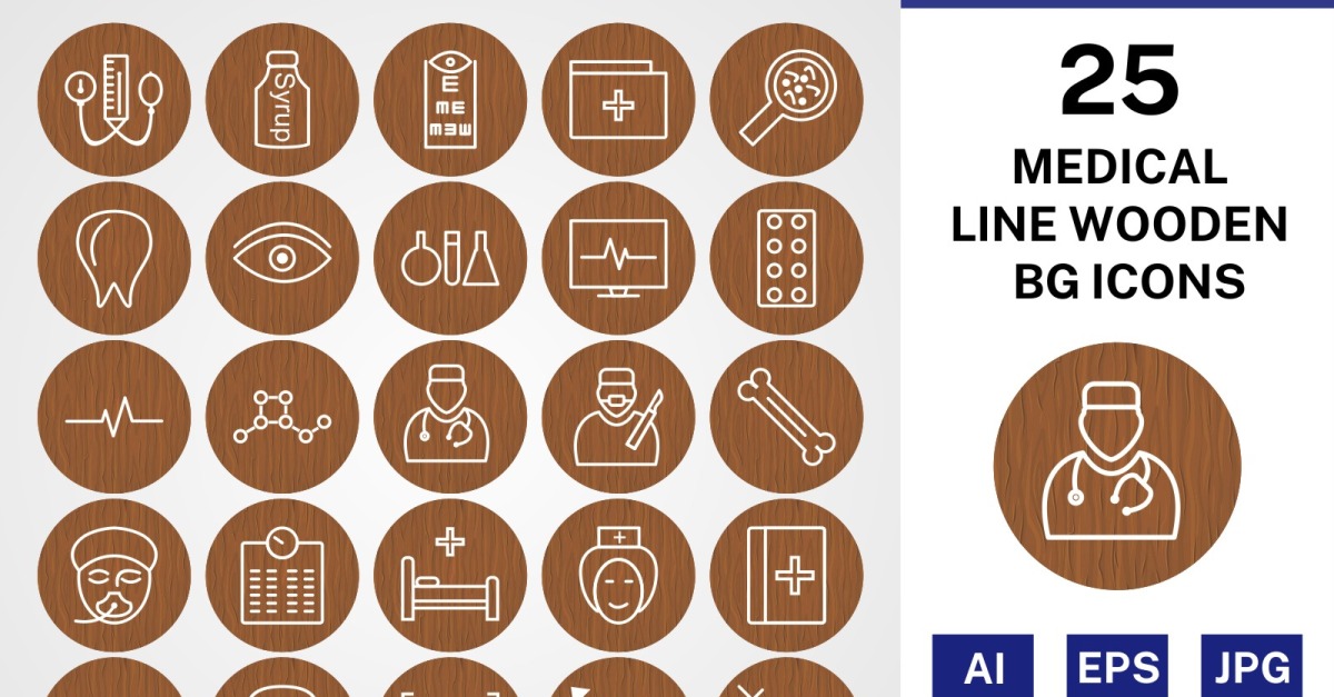 25 Medical Line Wooden BG Icon Set #150425 - TemplateMonster