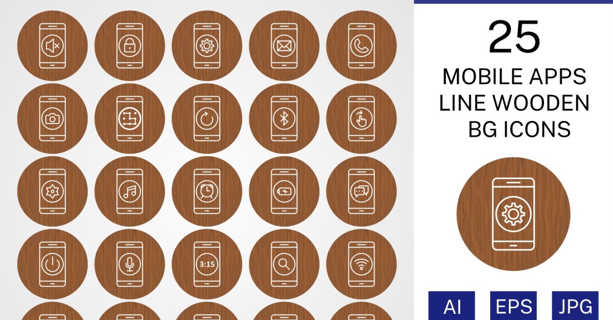 25 Mobile Apps Line Wooden BG Icon Set - TemplateMonster