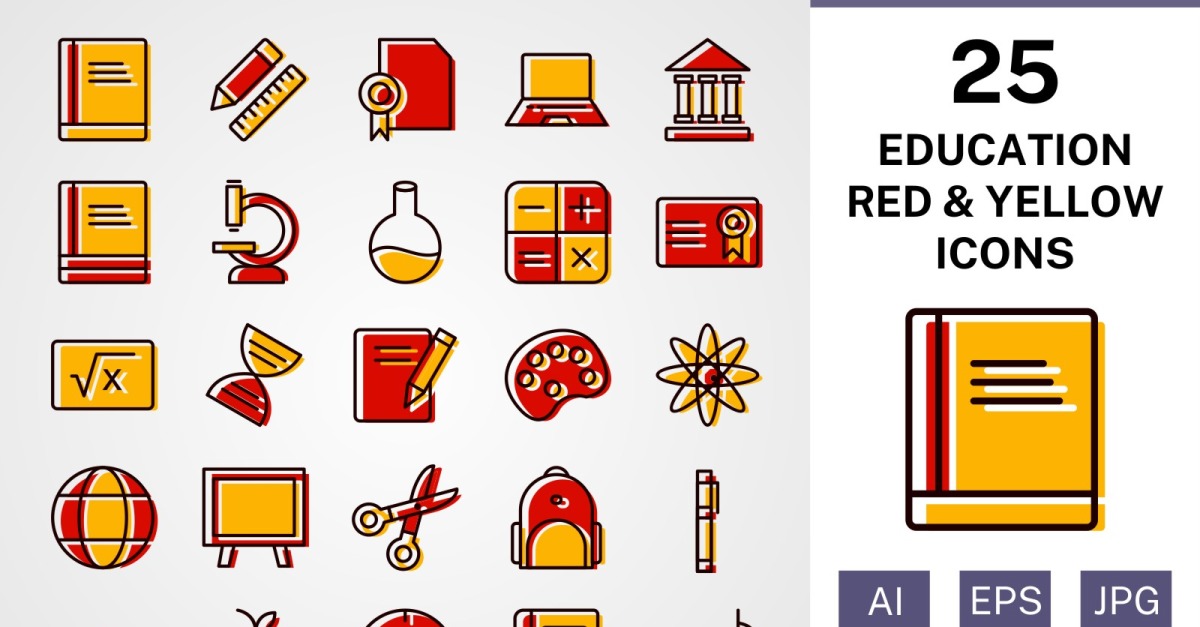 25 Education Filled Red And Yellow Icon Set - TemplateMonster