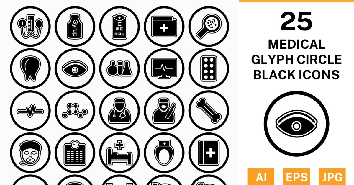 25 Medical Circle Glyph Outline Black Icon Set