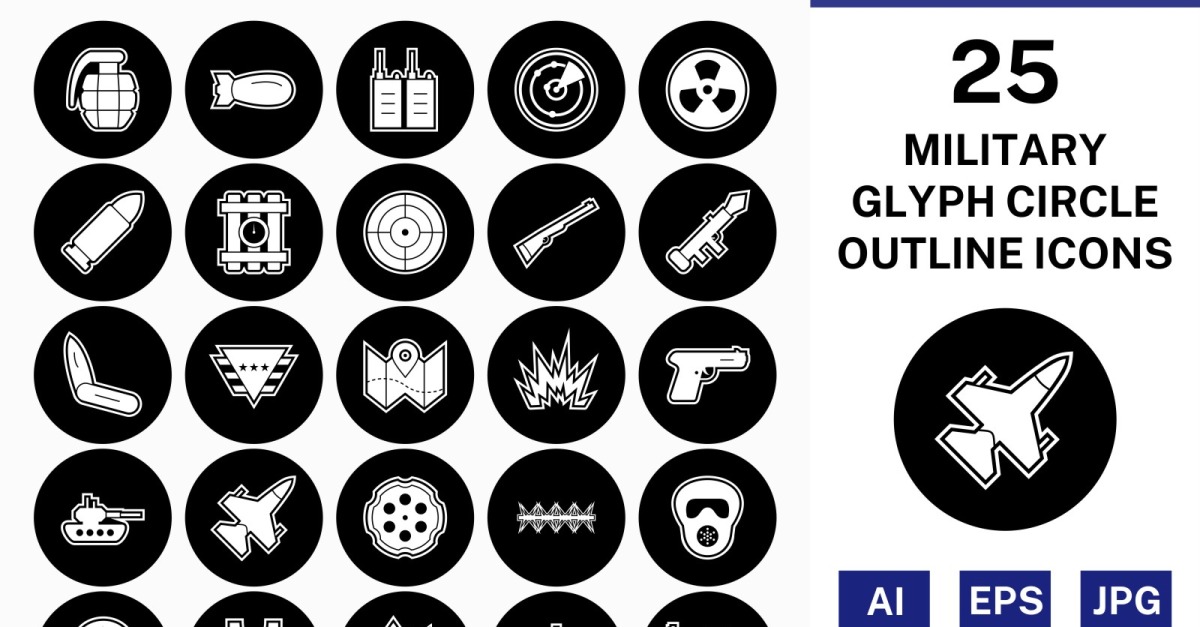 25 Military Glyph Outline Circle Inverted Icon Set