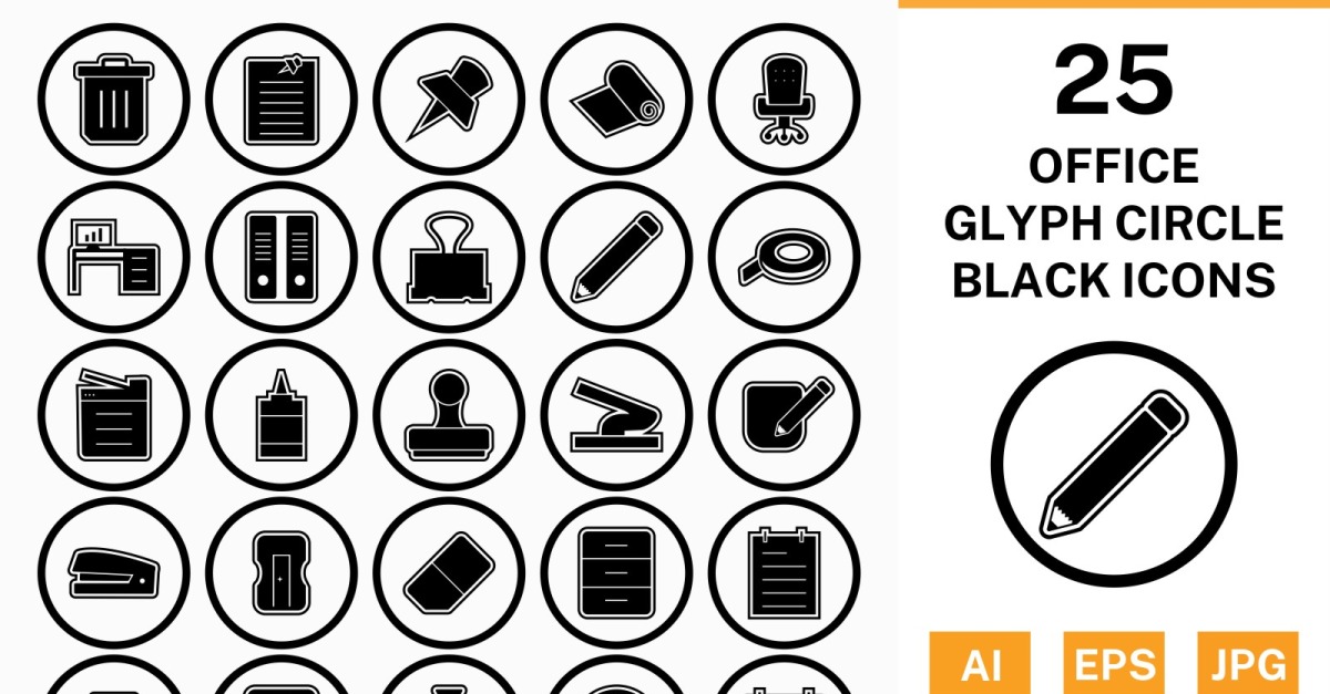 25 Office Circle Glyph Outline Black Icon Set