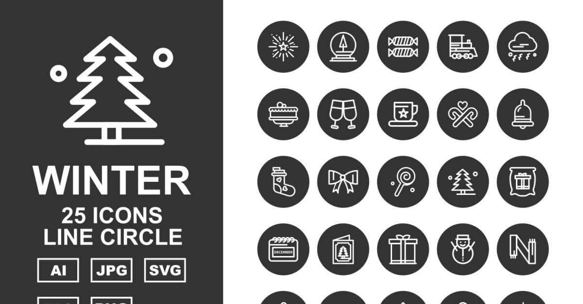 25 Premium Winter Line Circle Pack Icon Set - TemplateMonster
