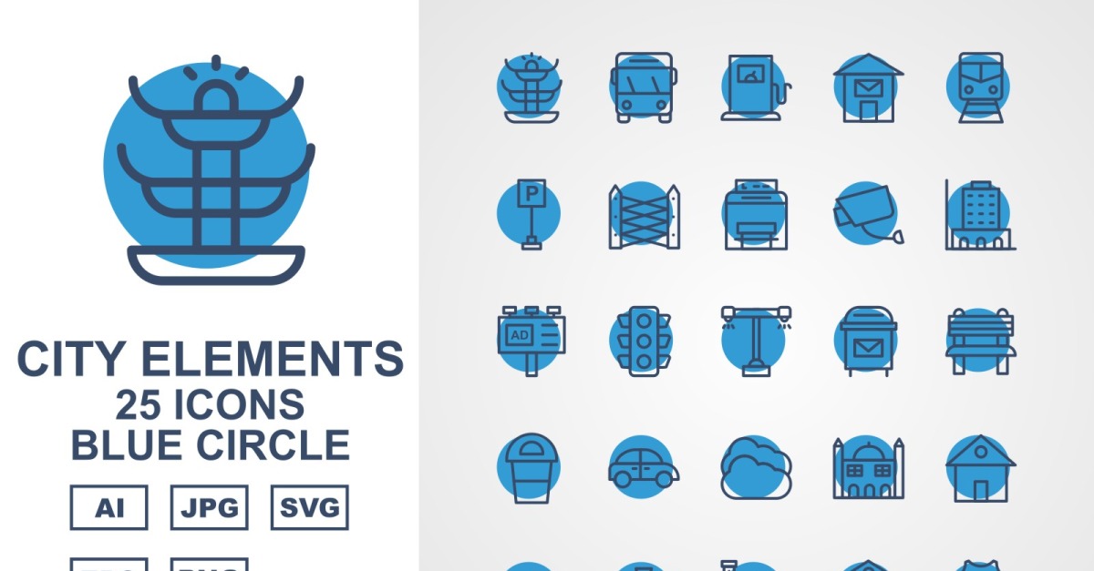 25 Premium City Elements Blue Circle Icon Set