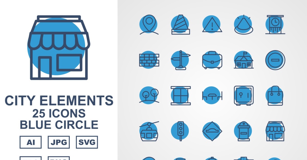 25 Premium City Elements Blue Circle Icon Set