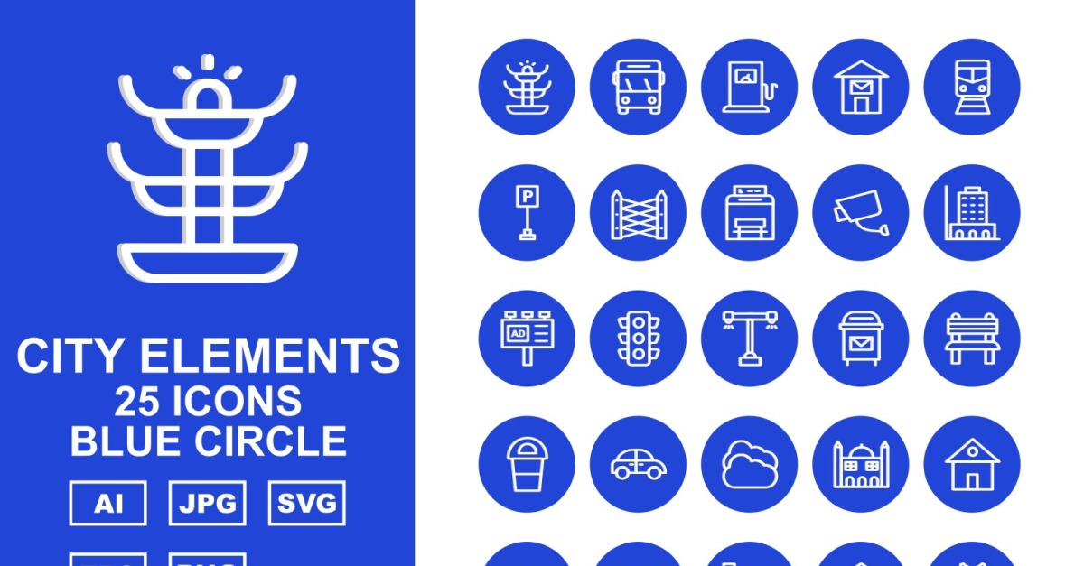 25 Premium City Elements Blue Circle Icon Set
