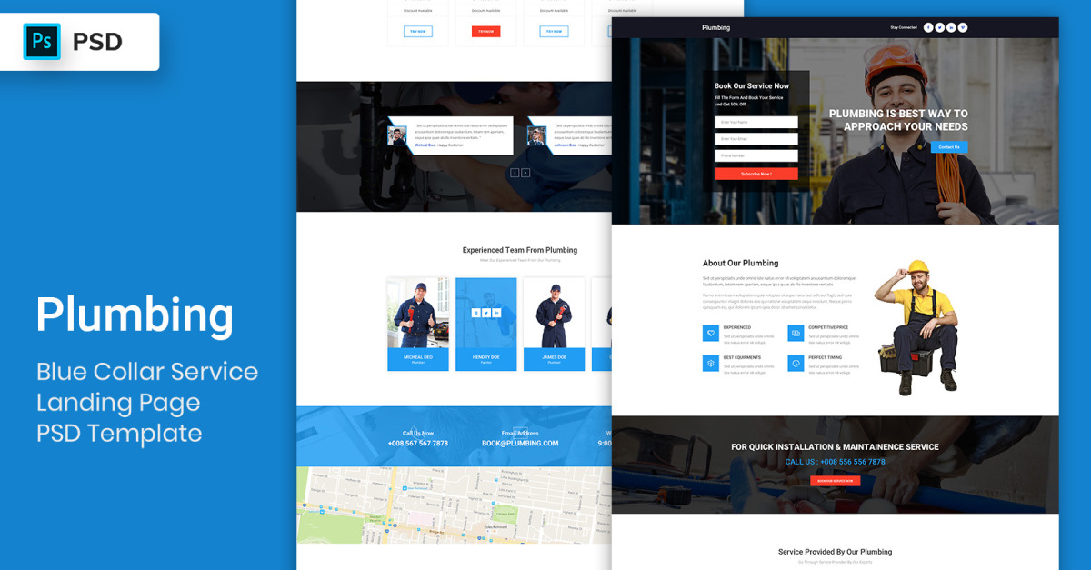 Blue Collar Service Landing Page PSD Template UI Elements