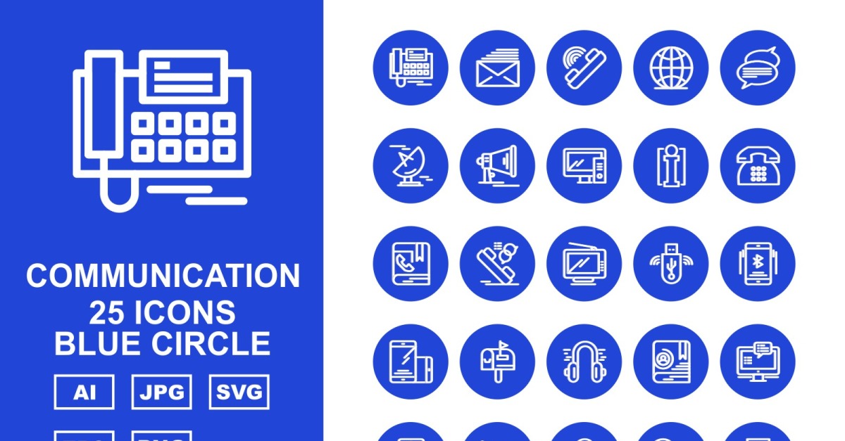 25 Premium Communication Blue Circle Icon Set