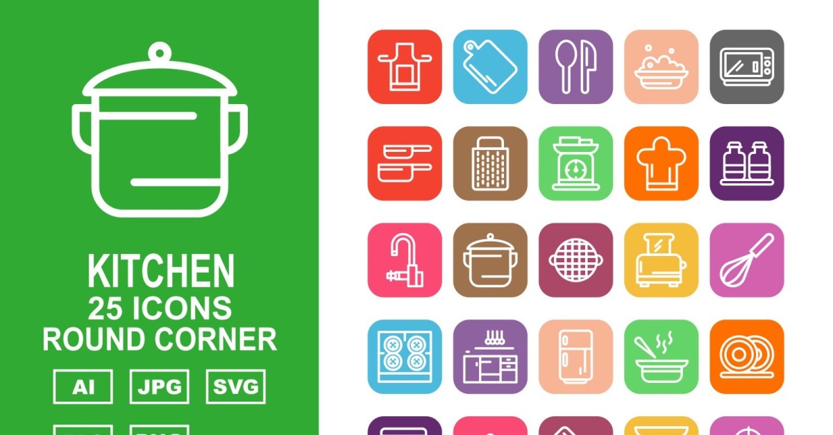 25 Premium Kitchen Round Corner Icon Set - TemplateMonster