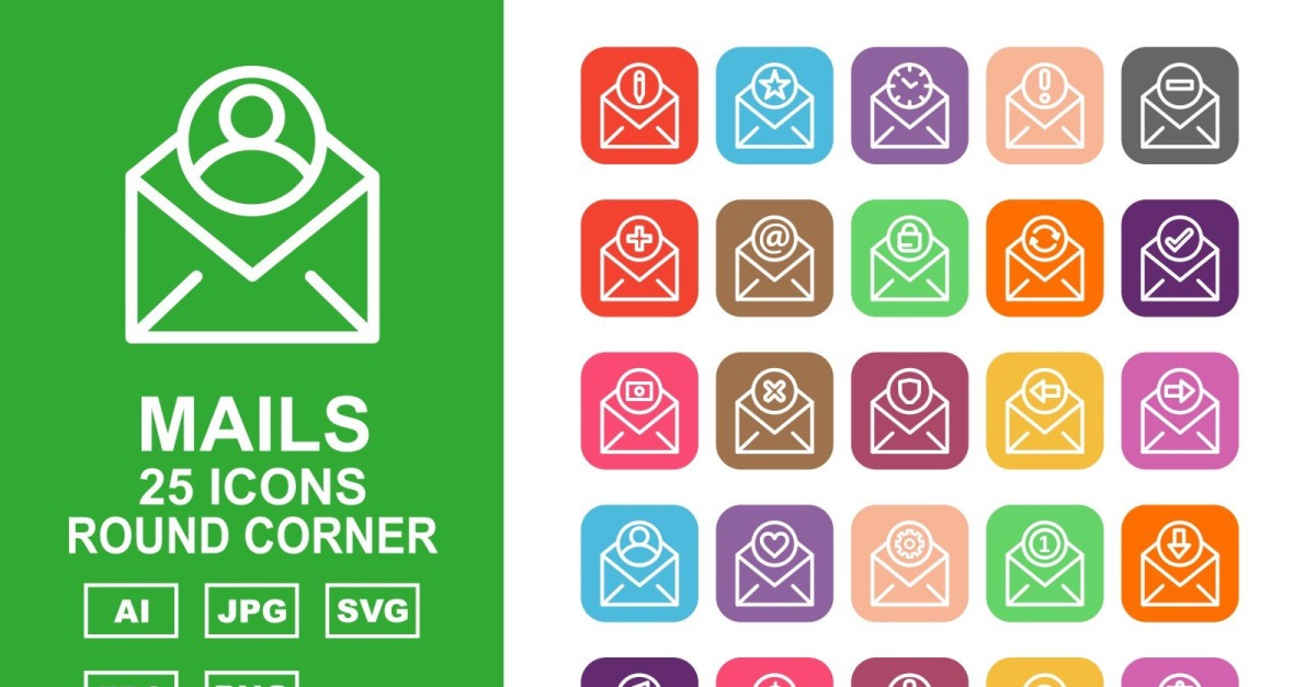 25 Premium-E-Mails mit runden Ecken-Icon-Set