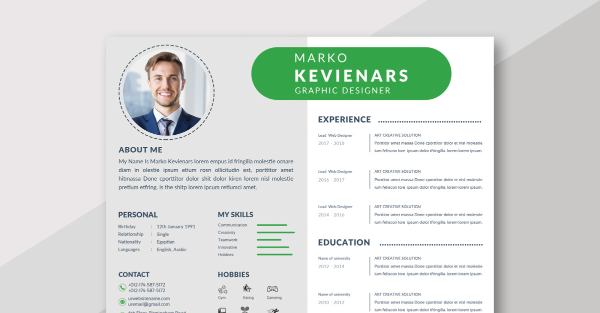 Marko Kevinenars Horizontal CV Theme Resume Template