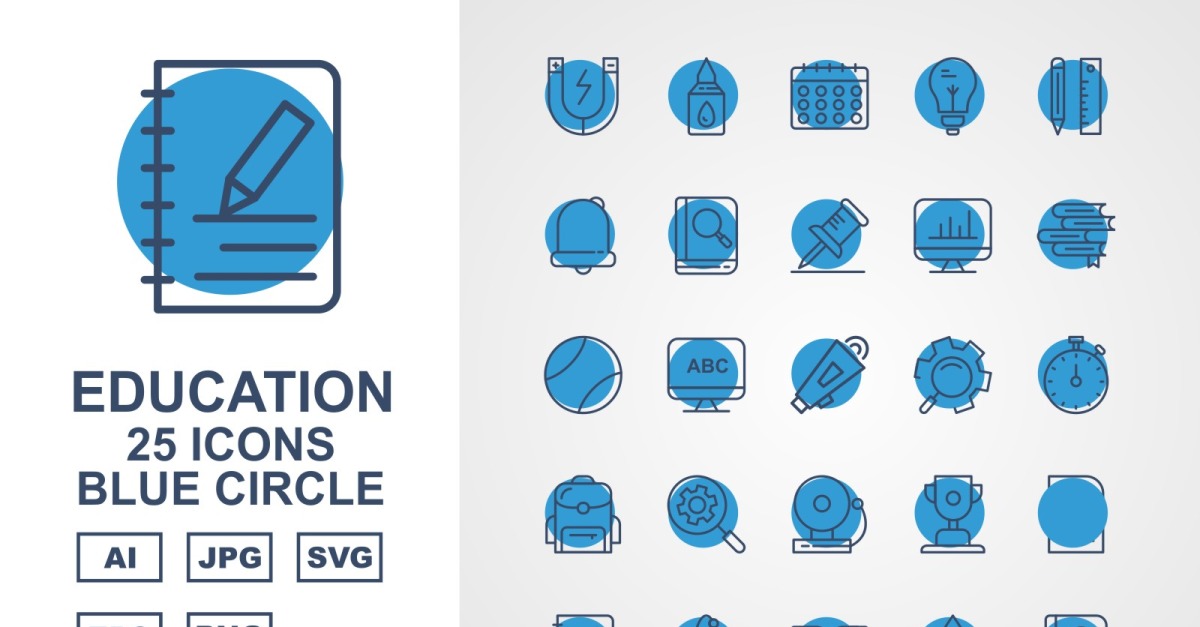 25 Premium Education Blue Circle Icon Set - TemplateMonster