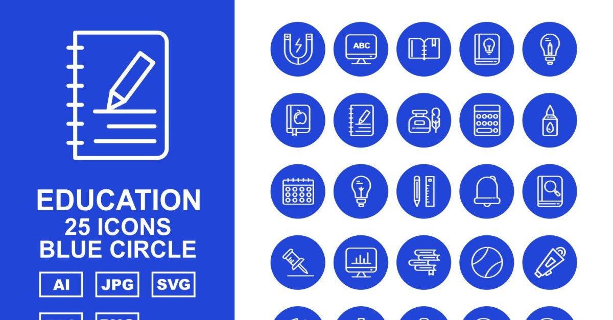 25 Premium Education Blue Circle Icon Set - TemplateMonster