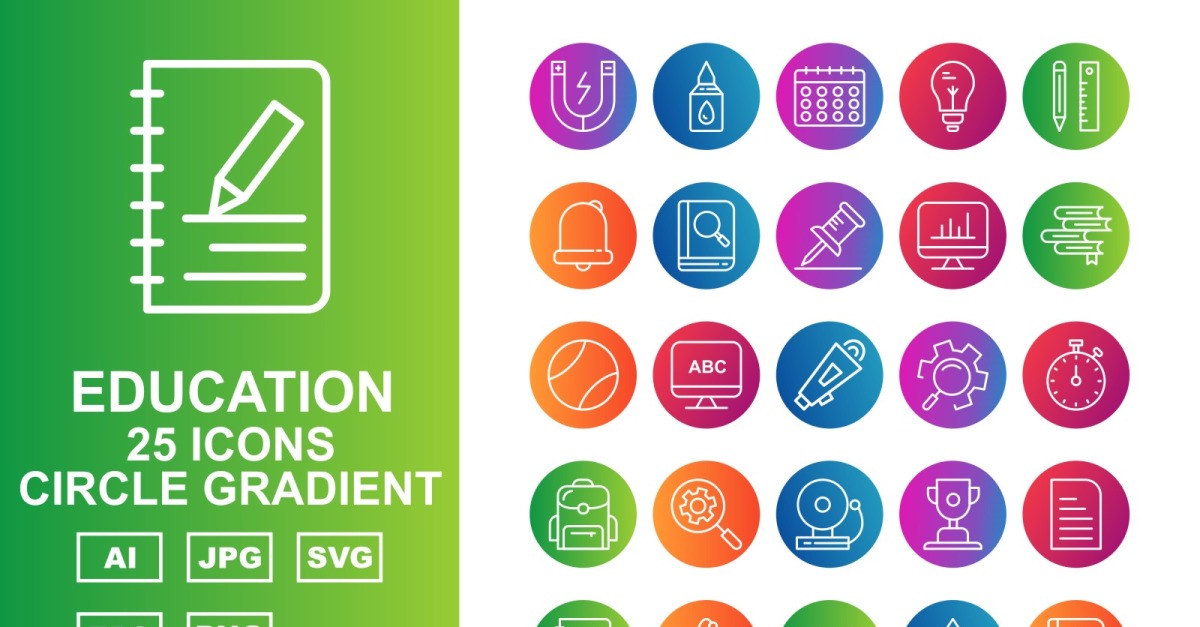 25 Premium Education Circle Gradient Icon Set