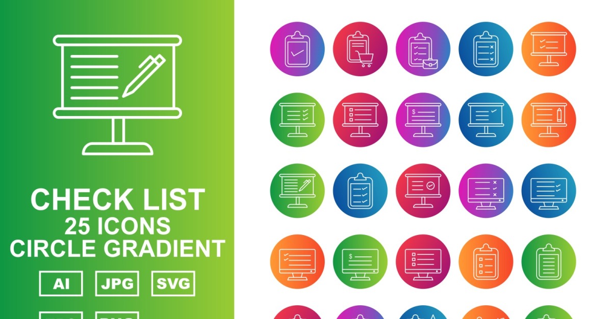 25 Premium Check List Circle Gradient Icon Set