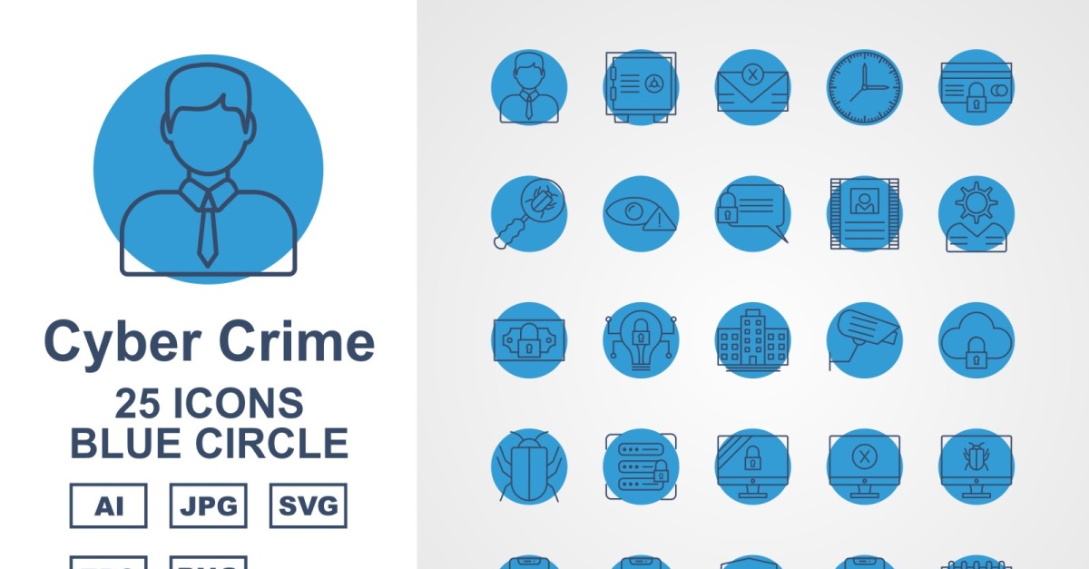 25 Premium Cyber Crime Blue Circle Icon Set - TemplateMonster