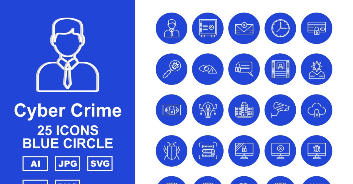 25 Premium Cyber Crime Blue Circle Icon Set - TemplateMonster