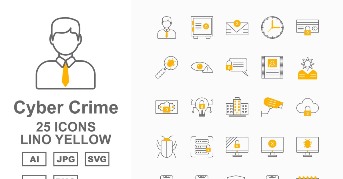 25 Premium Cyber Crime Lino Yellow Icon Set - TemplateMonster