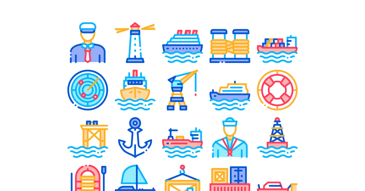 Marine Port Transport Collection Set Vector Icon