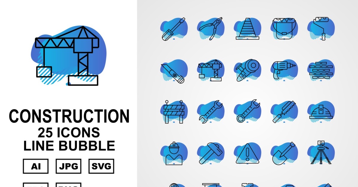 25 Premium Construction Line Bubble Pack Icon Set
